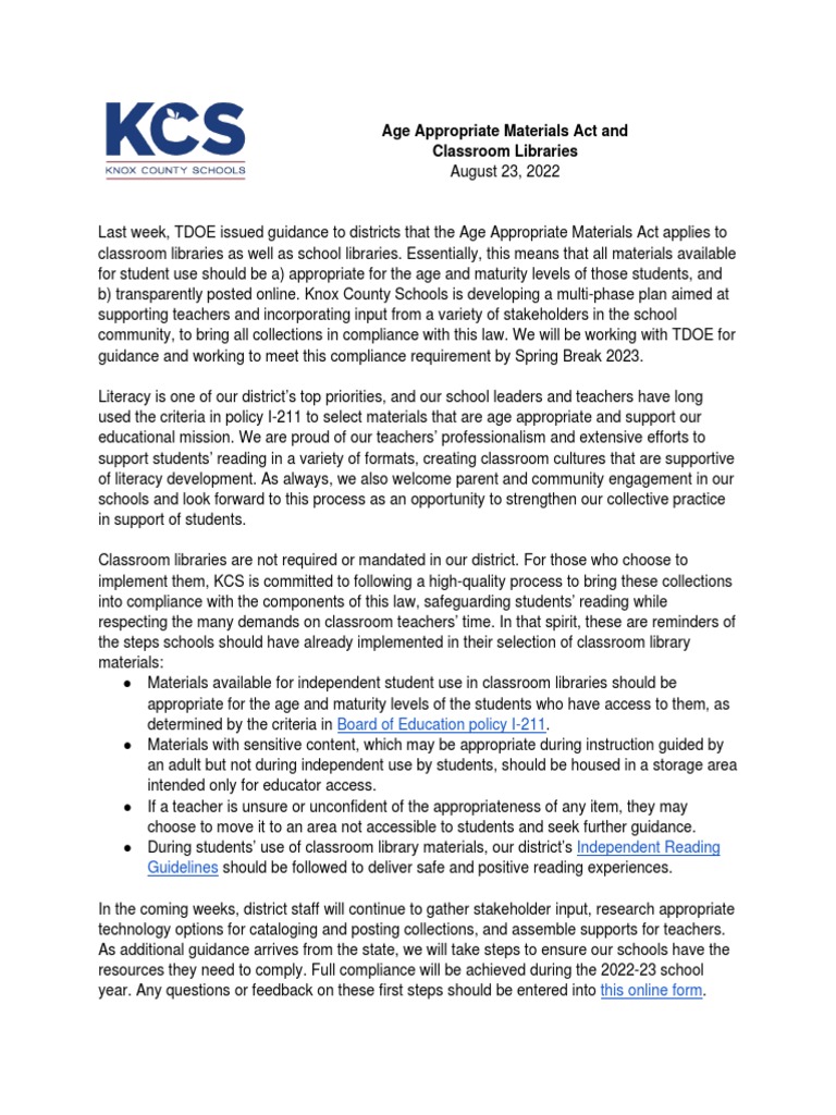 Age Appropriate Materials Act and Classroom Libraries 2022-23 | PDF ...