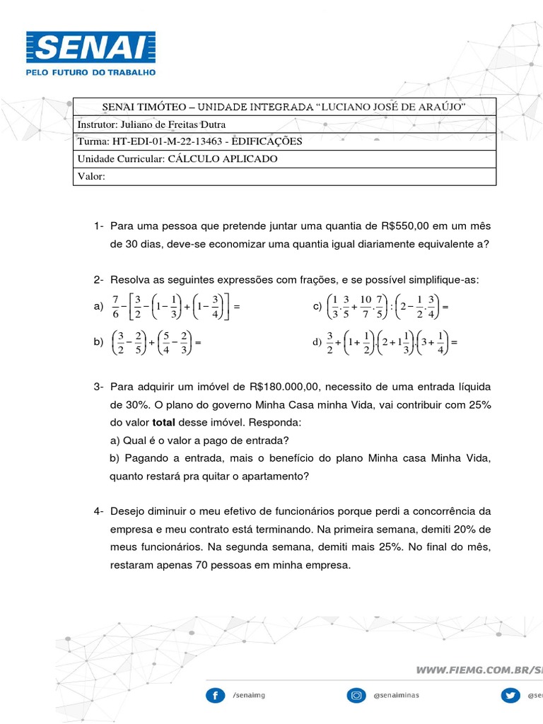 LISTA DE EXERCÍCIOS Revisao Prova I | PDF
