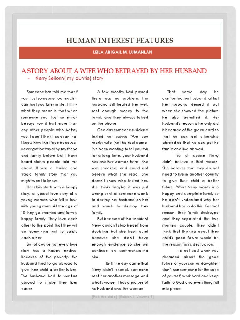 Human Interest Features: A Story About A Wife Who Betrayed by Her ...