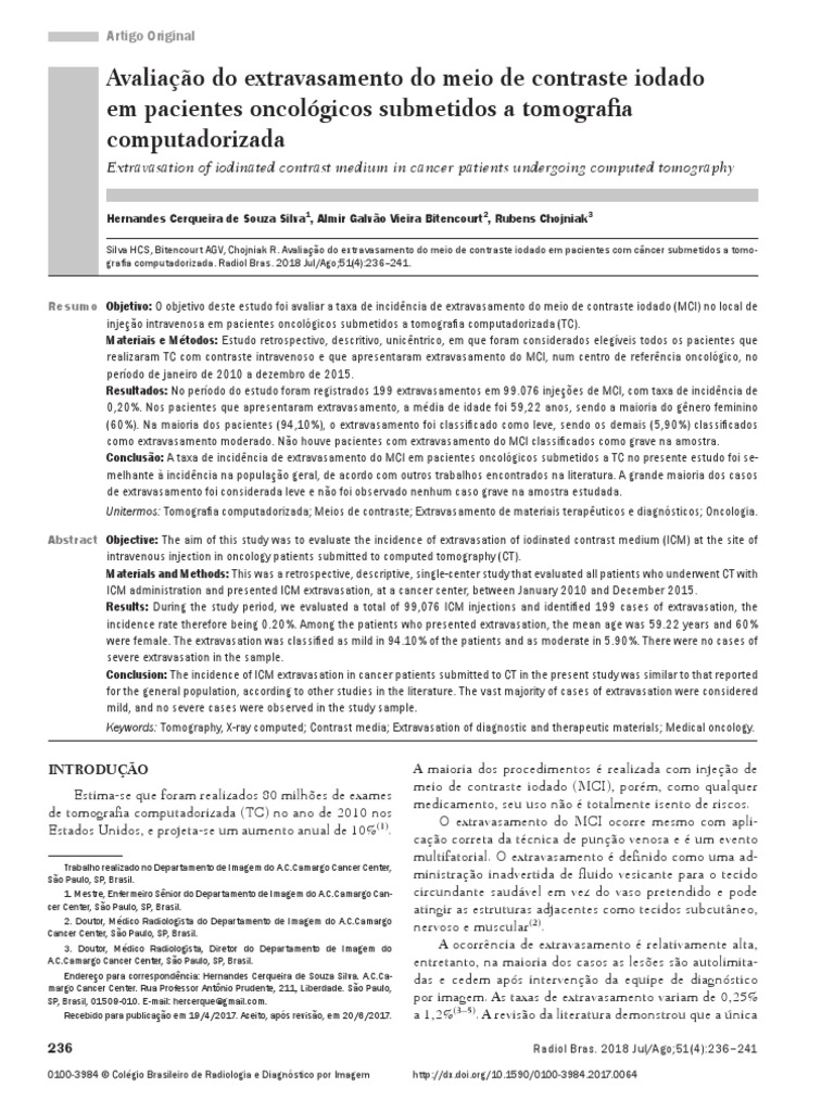 Avaliação do extravasamento do meio de contraste iodado | PDF | Câncer ...