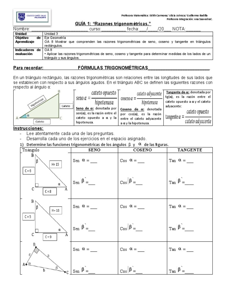 Guía Adecuada Razones Trigonometricas 2medio | PDF | Funciones trigonométricas | Trigonometría