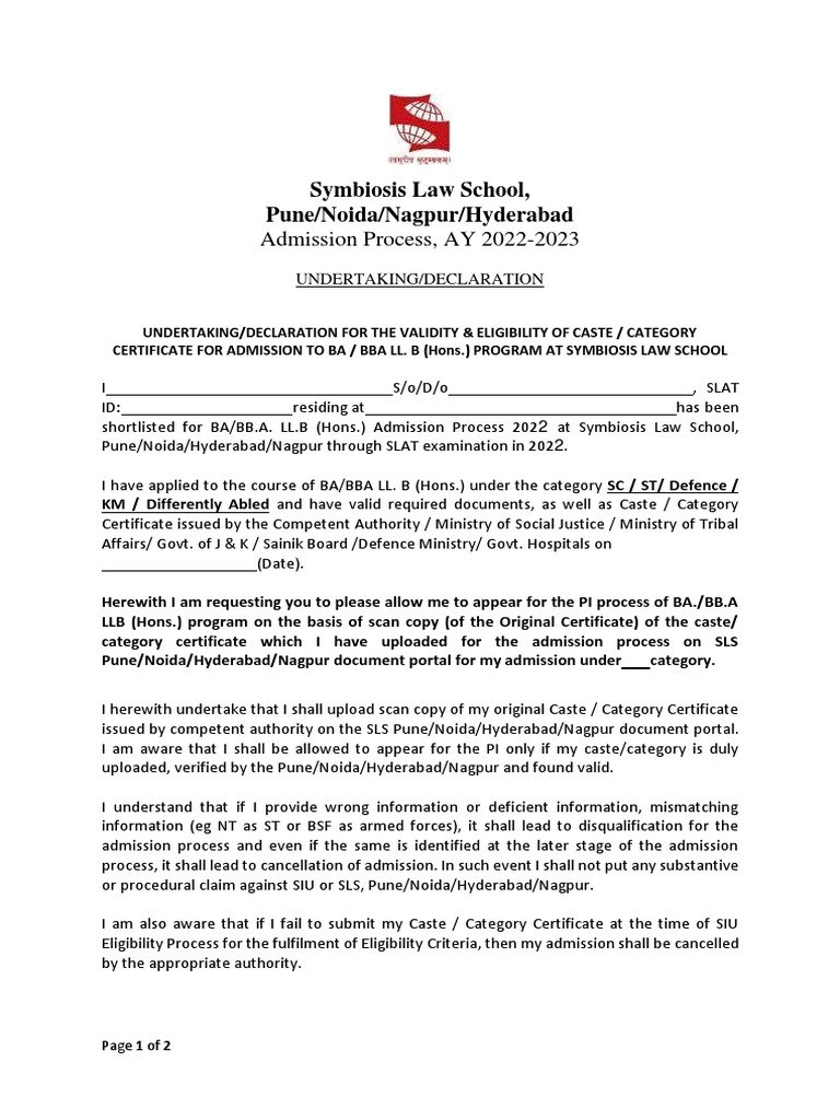 Undertaking For Caste-Catagory Certificate BA BBA LLB 2022 | PDF | Government | Justice