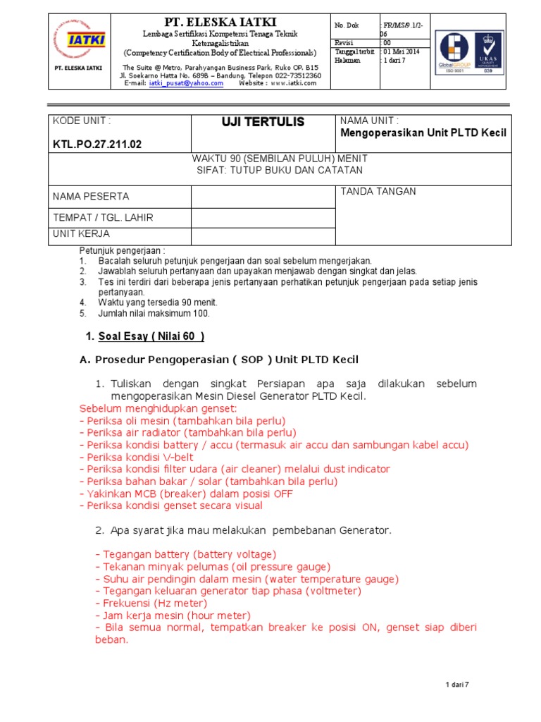 CONTOH SOAL Mengoperasikan PLTD Kecil (KTL - PO.27.211.02) Dan Jawaban | PDF