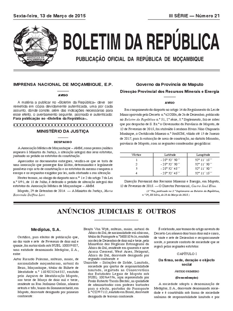 Avisos e anúncios legais publicados no Boletim da República | PDF