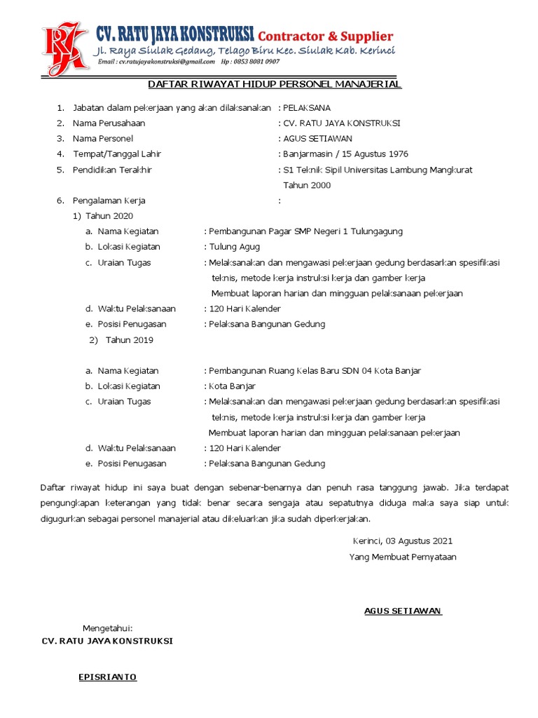 CV Agus Setiawan: Pelaksana Konstruksi Berpengalaman | PDF | Teknologi & Rekayasa