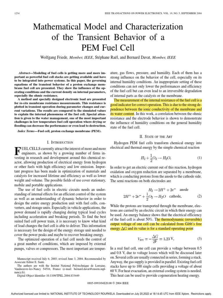 Mathematical Model and Characterization of The Transient Behavior of A PEM Fuel Cell | PDF ...