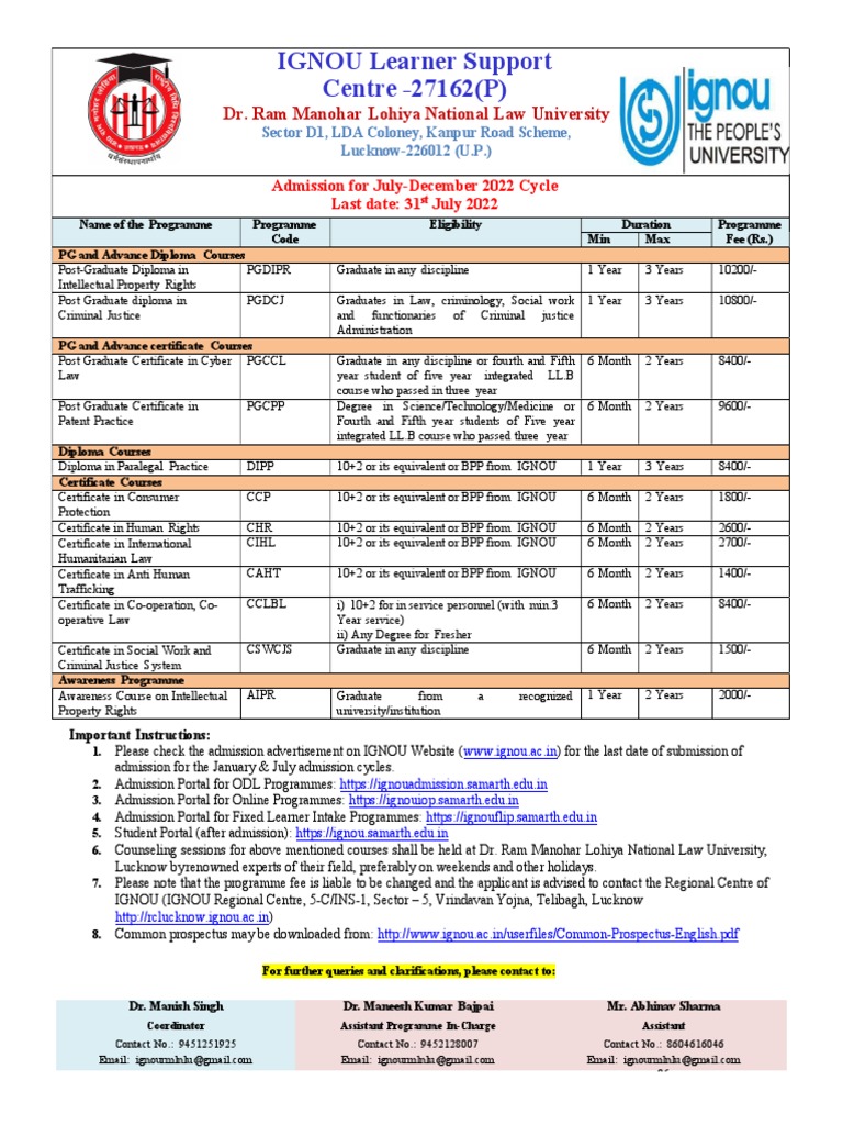 IGNOU Learner Support Centre - 27162 (P) : Dr. Ram Manohar Lohiya ...