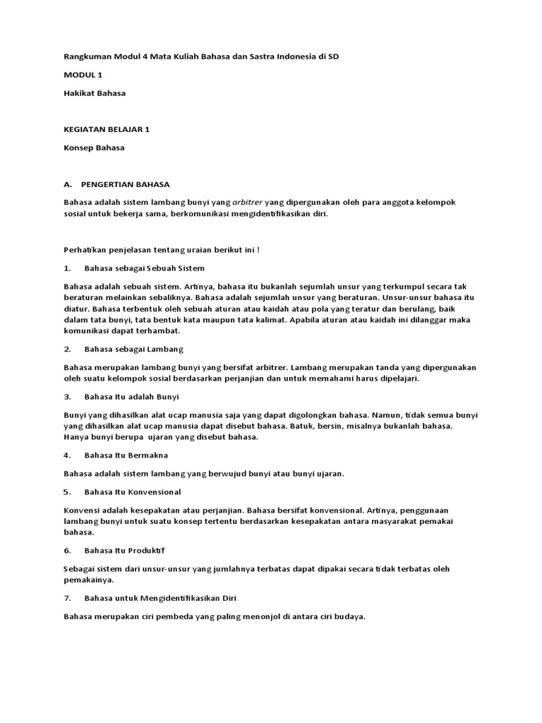 Rangkuman Modul 4 Mata Kuliah Bahasa Dan Sastra Indonesia Di SD | PDF