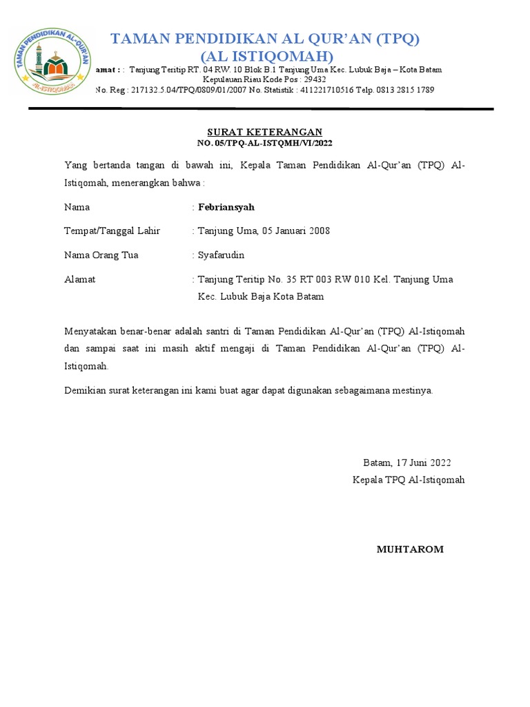 Surat Keterangan Santri TPQ | PDF