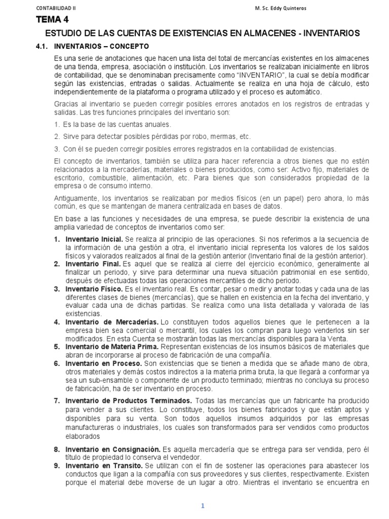 01 Tema 4 - ESTUDIO DE LAS CUENTAS DE EXISTENCIAS EN ALMACENES - INVENTARIOS | PDF | Inventario ...