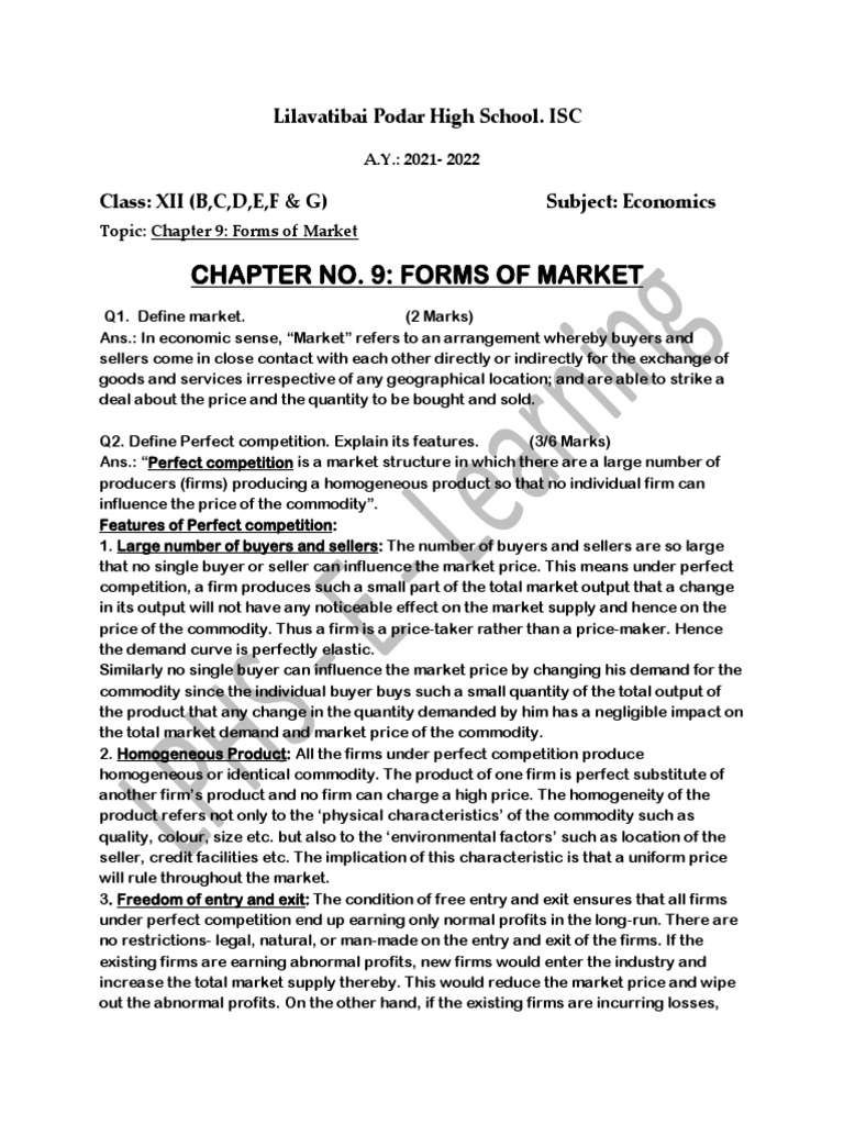 Chapter No. 9: Forms of Market: Lilavatibai Podar High School. ISC | PDF | Monopoly | Oligopoly