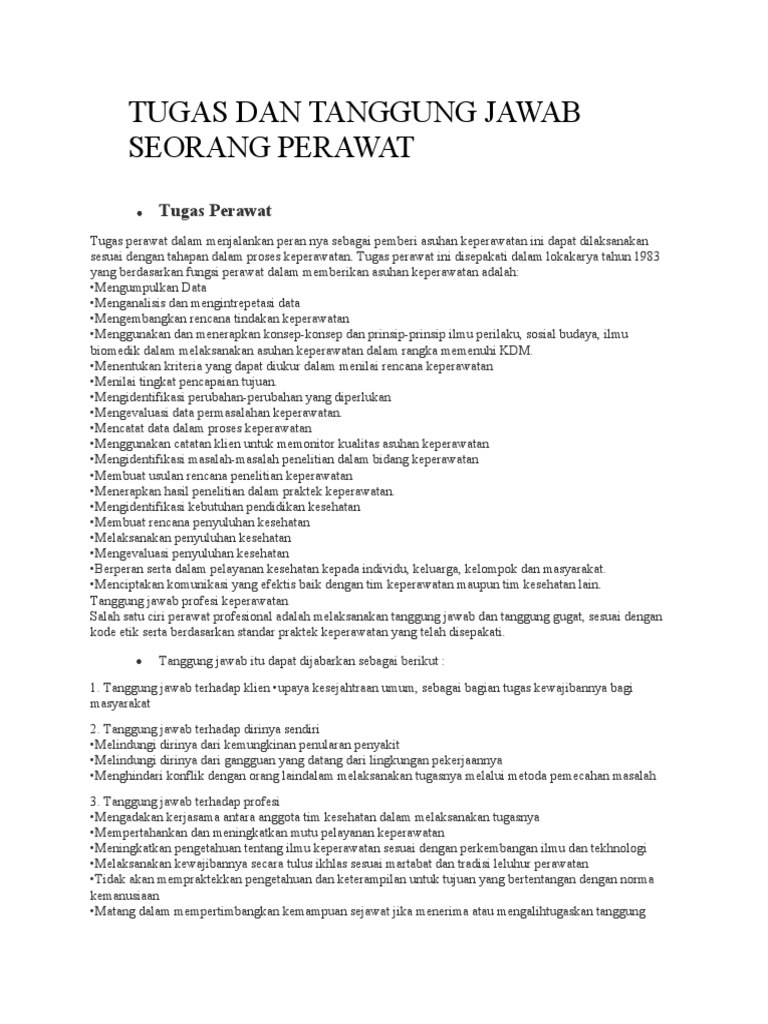 Materi Tugas Peran Fungsi Tanggung Jawab Perawat (KDK Kel 1) | PDF | Karier & Perkembangan