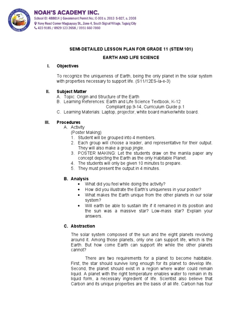 Semi-Detailed Lesson Plan For Grade 11 (Stem 101) Earth and Life ...