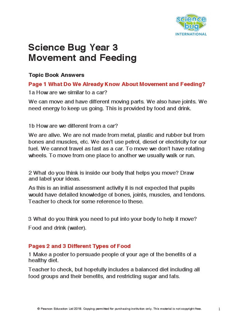 Science Bug Year 3 Movement and Feeding: Topic Book Answers | PDF ...