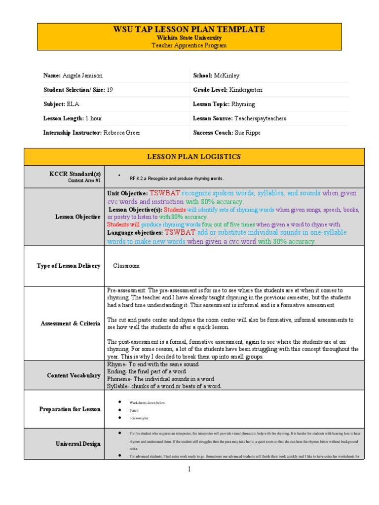 Wsu Tap Lesson Plan Template: Recognize Spoken Words, Syllables, and ...