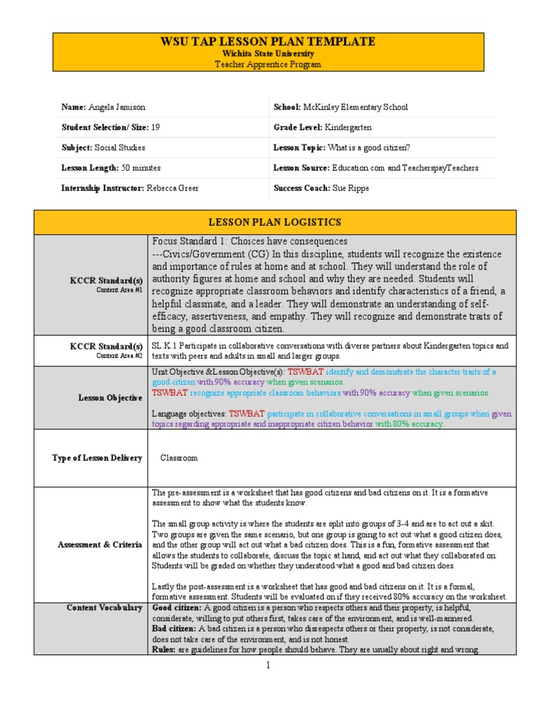 Wsu Tap Lesson Plan Template | PDF | Educational Assessment | Rubric ...