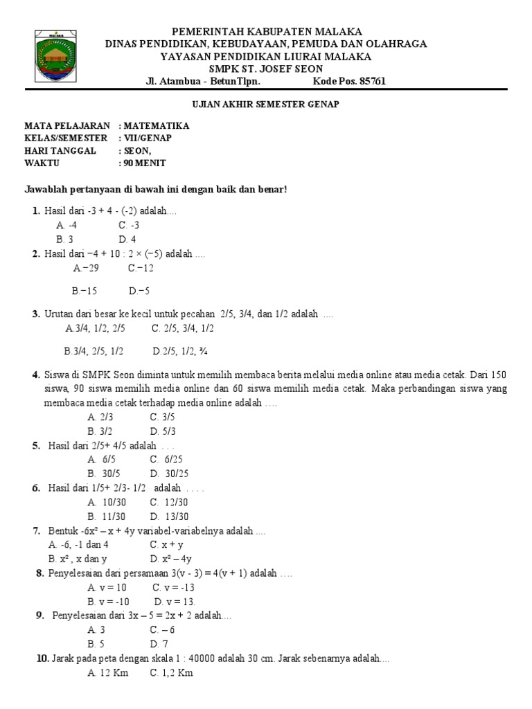 Soal Uas Matematika Kelas 7 | PDF | Seni