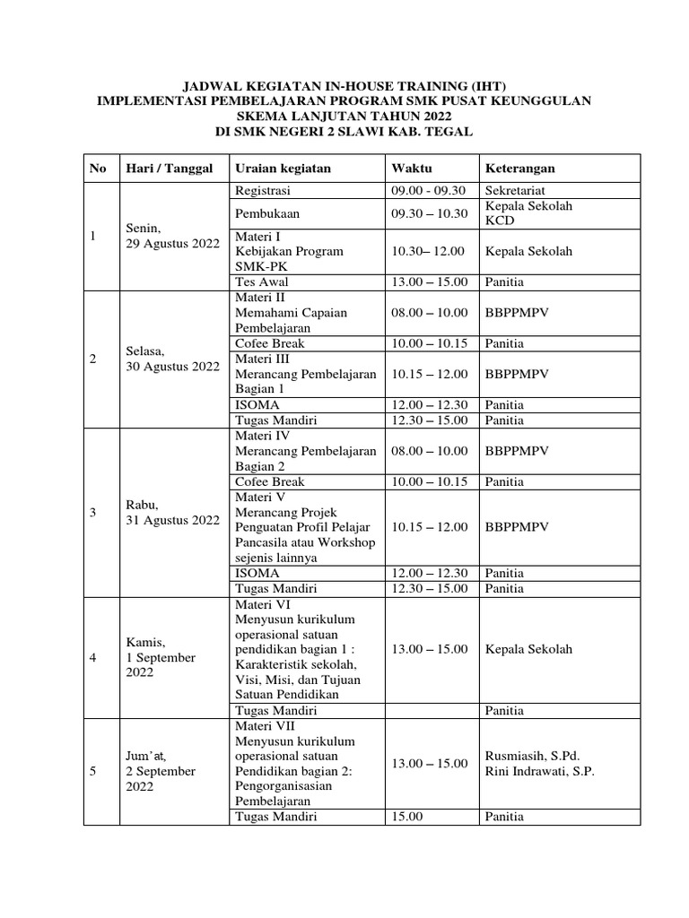 JADWAL KEGIATAN IHT IKM Tahun 2022 | PDF