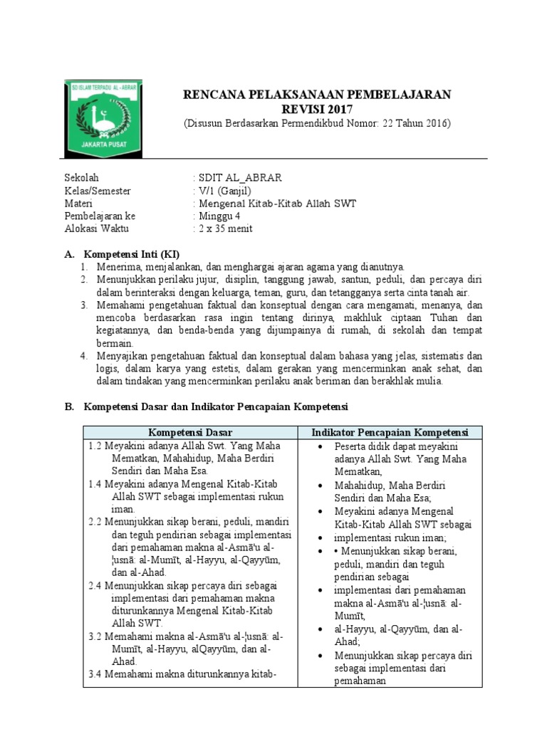 RPP PAI-BP 2017 Kelas 5-2.2. Mengenal Kitab-Kitab Allah SWT | PDF ...