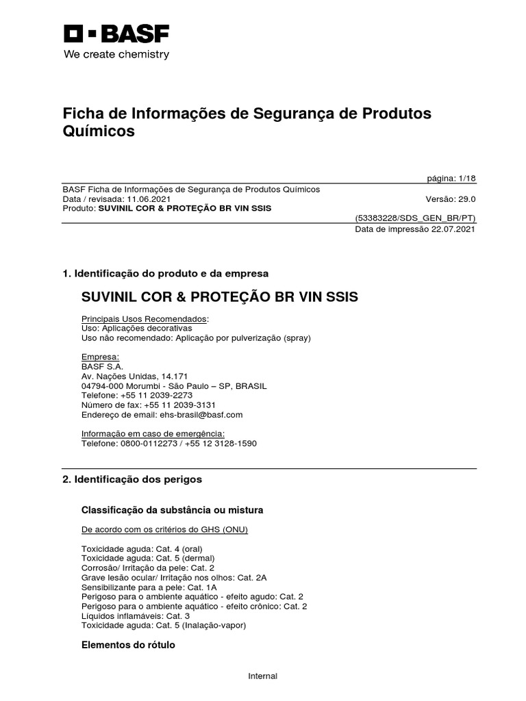 Ficha de Segurança SUVINIL Cor e Proteção | PDF | Desperdício | Águas ...