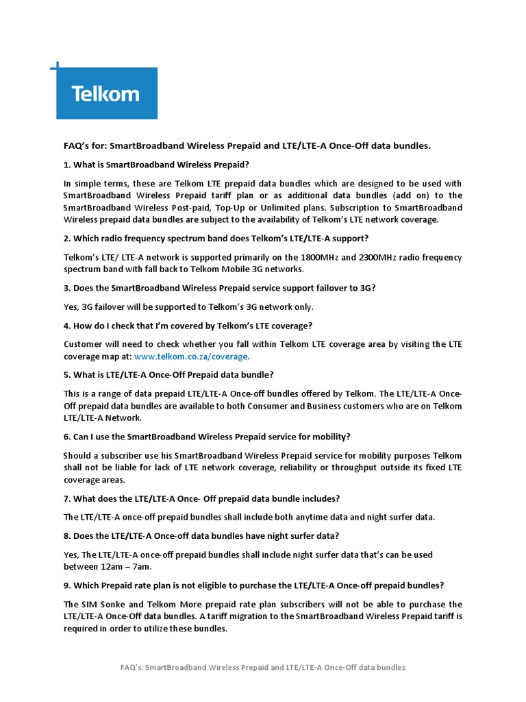 Faq'S For: Smartbroadband Wireless Prepaid and Lte/Lte-A Once-Off Data Bundles | Download Free ...