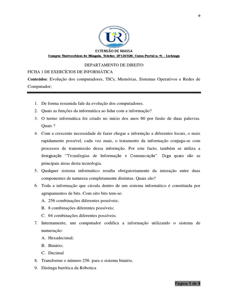 Ficha de Informatica | PDF | Rede de computadores | Sistema operacional