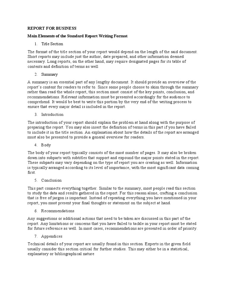 Title Section: Report For Business Main Elements of The Standard Report ...