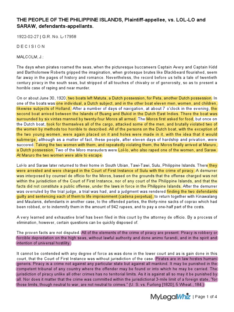 People vs. Lol-Lo and Saraw, 43 Phil. 19 | PDF | Crimes | Crime & Violence