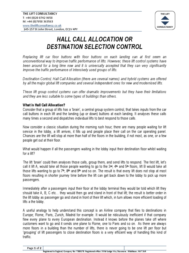 Hall Call Allocation Destination Selection Control | PDF | Elevator ...