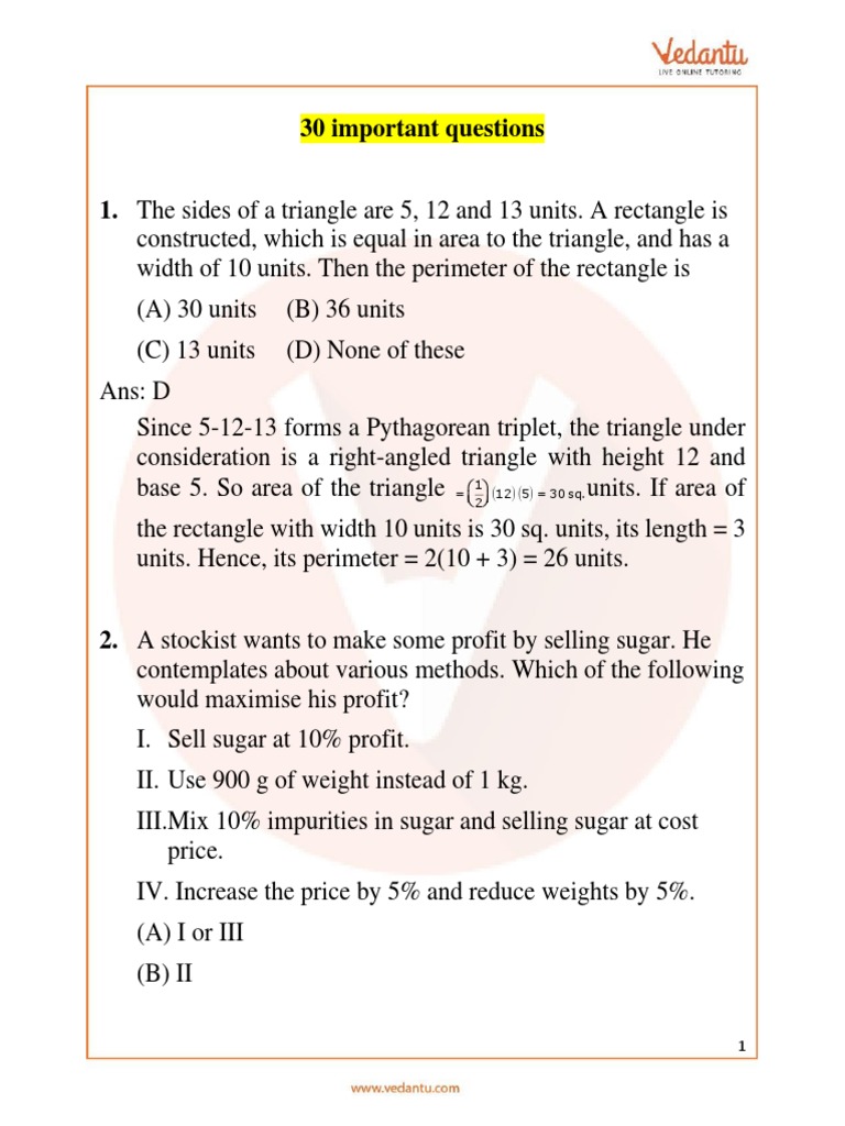 IMO Maths Important Questions Class 8 | PDF | Area | Speed