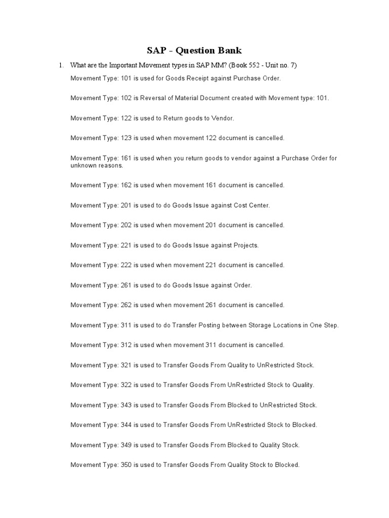 SAP - Question Bank: 1. What Are The Important Movement Types in SAP MM? (Book 552 - Unit No. 7 ...