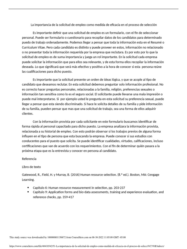 5.1 La Importancia de La Solicitud de Empleo Como Medida de Eficacia en El Proceso de Selecci N ...