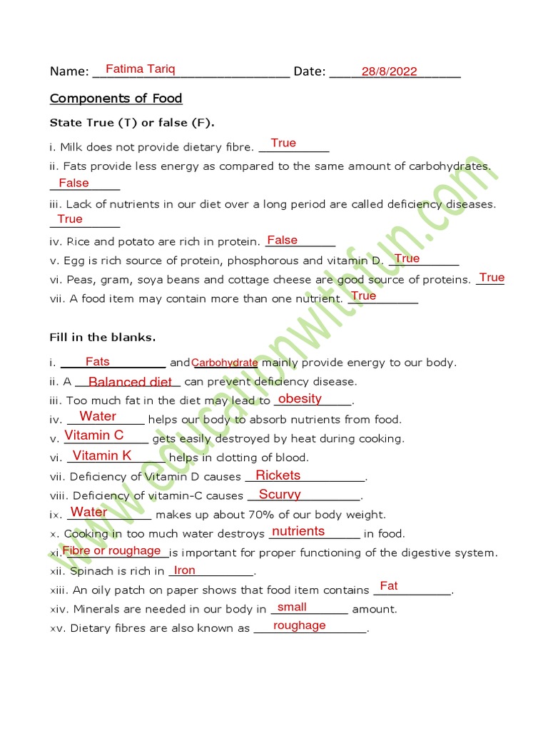 Components of Food Worksheet 1 | PDF | Vitamin | Foods