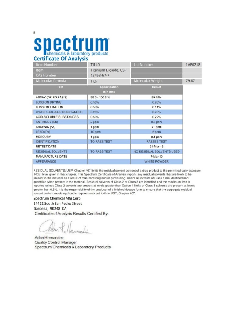 CoA Titanium Dioxide | PDF
