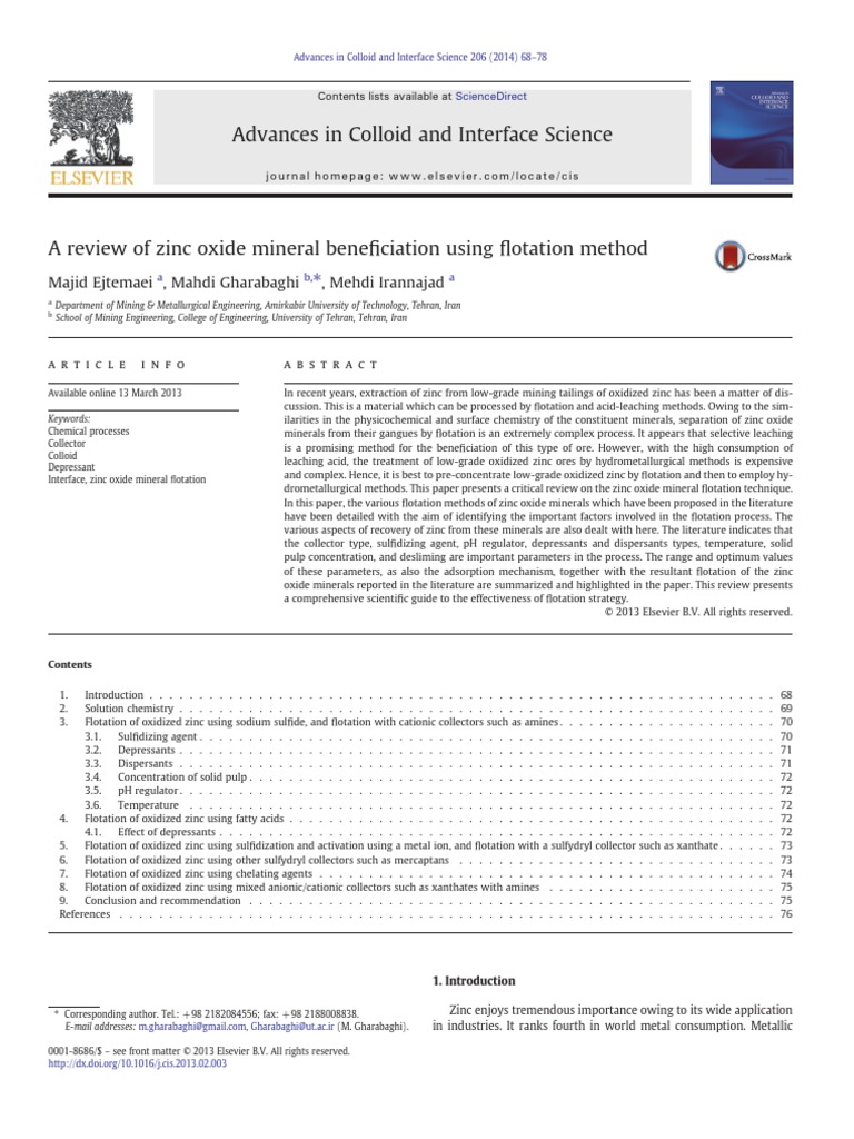 A Review of Zinc Oxide Mineral Beneficiation Using Flotation Method | PDF | Zinc | Minerals