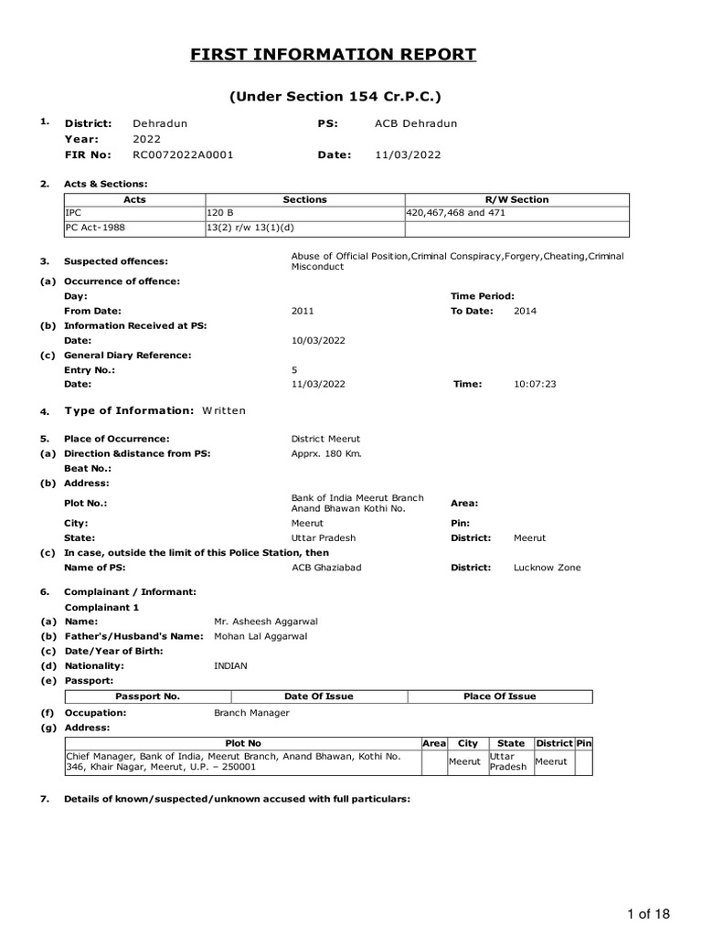 First Information Report: (Under Section 154 CR.P.C.) | PDF | Audit ...