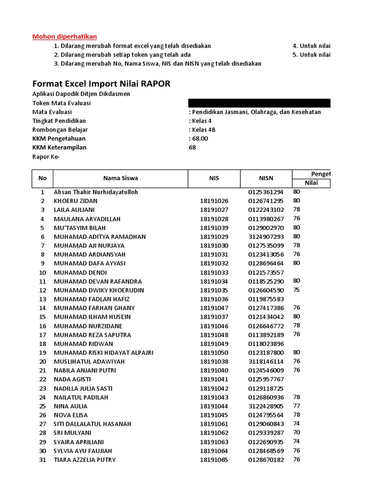 Format-Nilai-Rapor-20211-Kelas - 4B-Pendidikan Jasmani, Olahraga, Dan Kesehatan | PDF