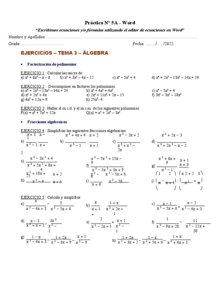 Práctica de Álgebra en Word | PDF | Factorización | Triángulo