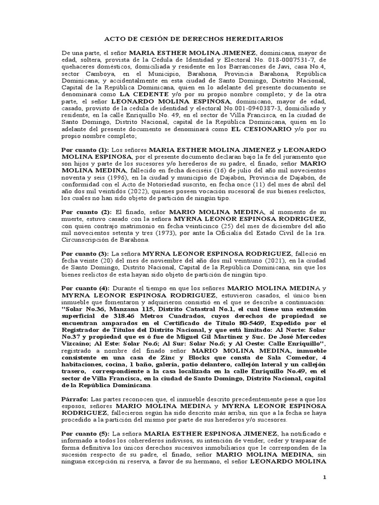Modelo de Contrato de Cesión de Derechos Sucesorales | PDF | República Dominicana | Herencia