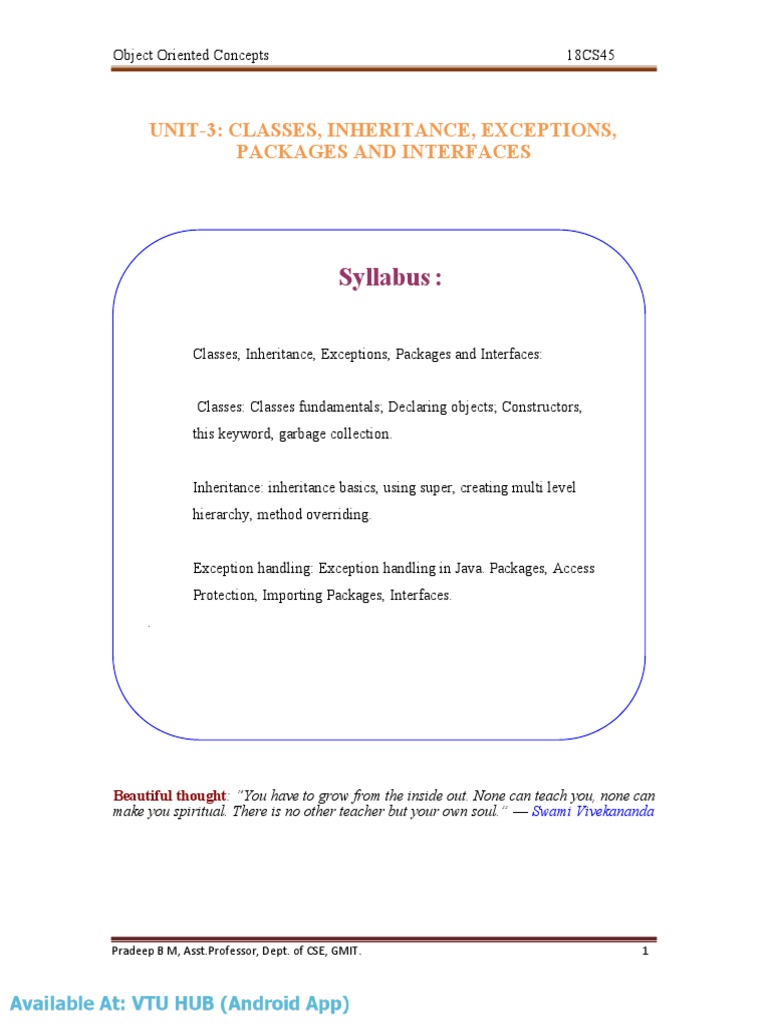 Syllabus:: Unit-3: Classes, Inheritance, Exceptions, Packages and Interfaces | PDF | Constructor ...