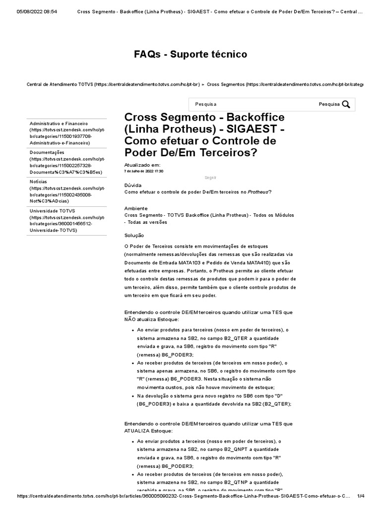 Cross Segmento Backoffice Linha Protheus Sigaest Como Efetuar O