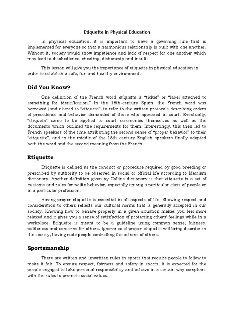 Etiquette in Physical Education | PDF | Physical Fitness | Etiquette