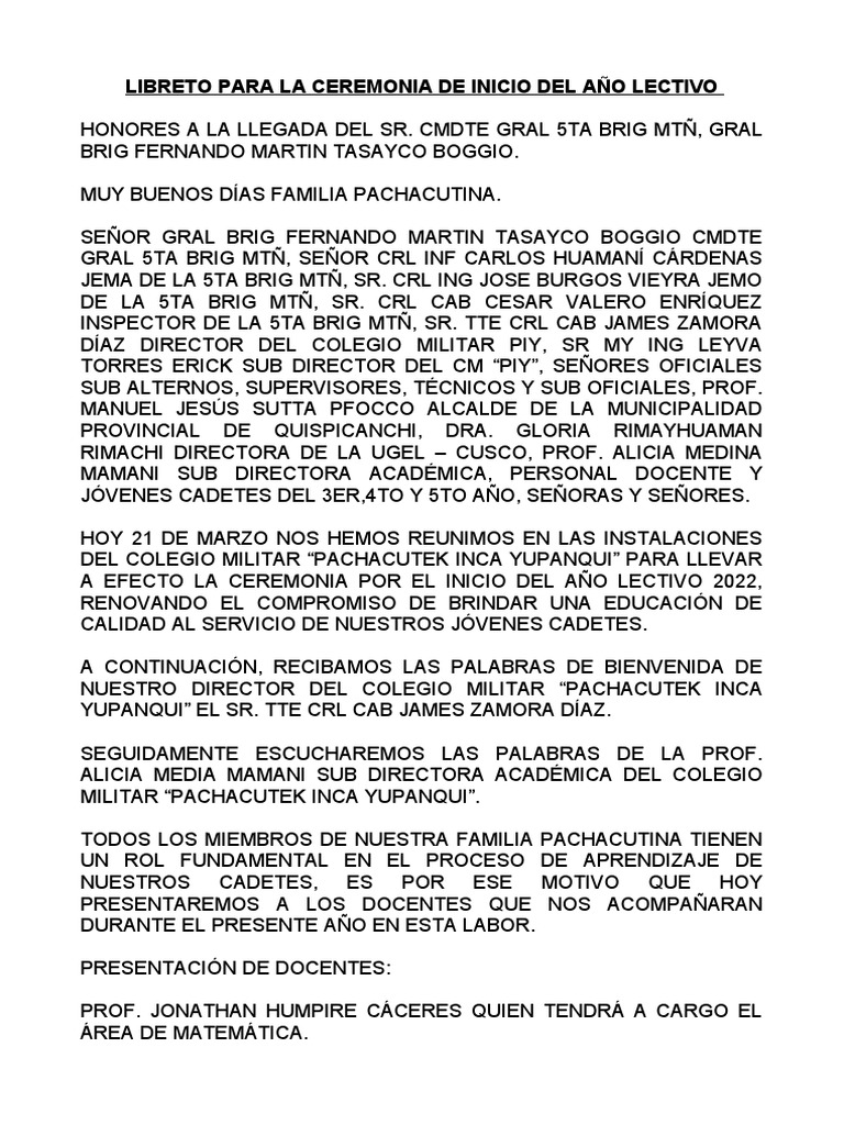 Libreto Ceremonia Inicio de Clases 2022 | PDF | Science