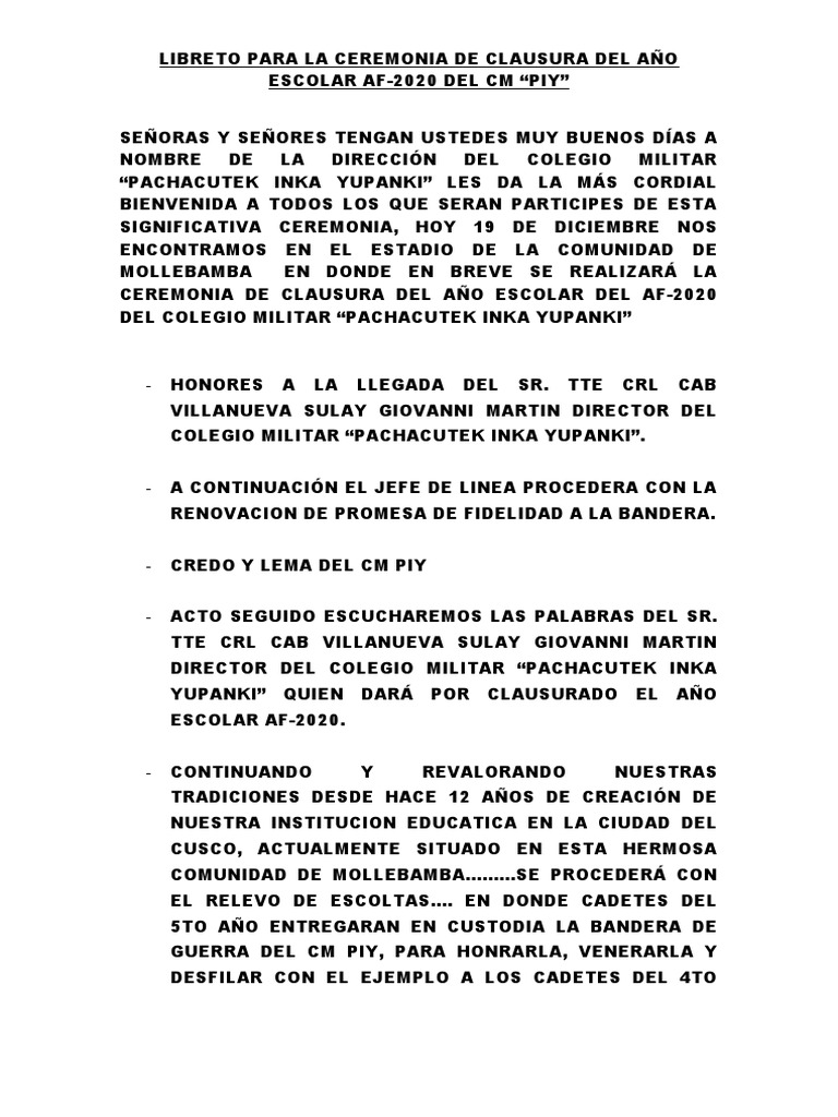 Libreto Clausura Del Año Escolar CM Piy | PDF