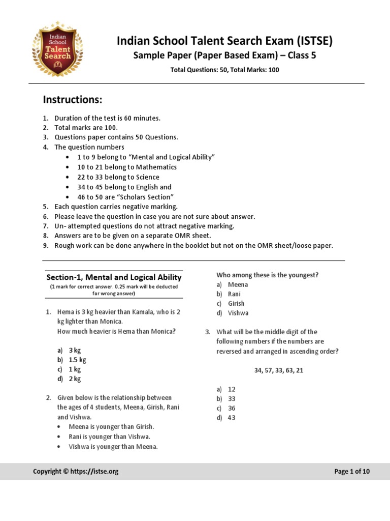 ISTSE Sample Question Paper For Class 5 | PDF | Greenhouse Effect ...