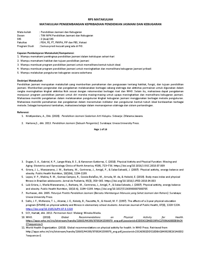 RPS MPK Penjas Dan Kebugaran | PDF
