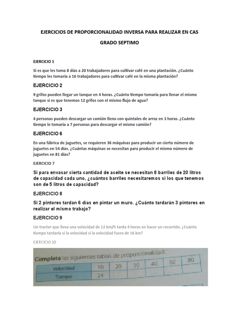 Ejercicios de Proporcionalidad Inversa para Realizar en Cas | PDF
