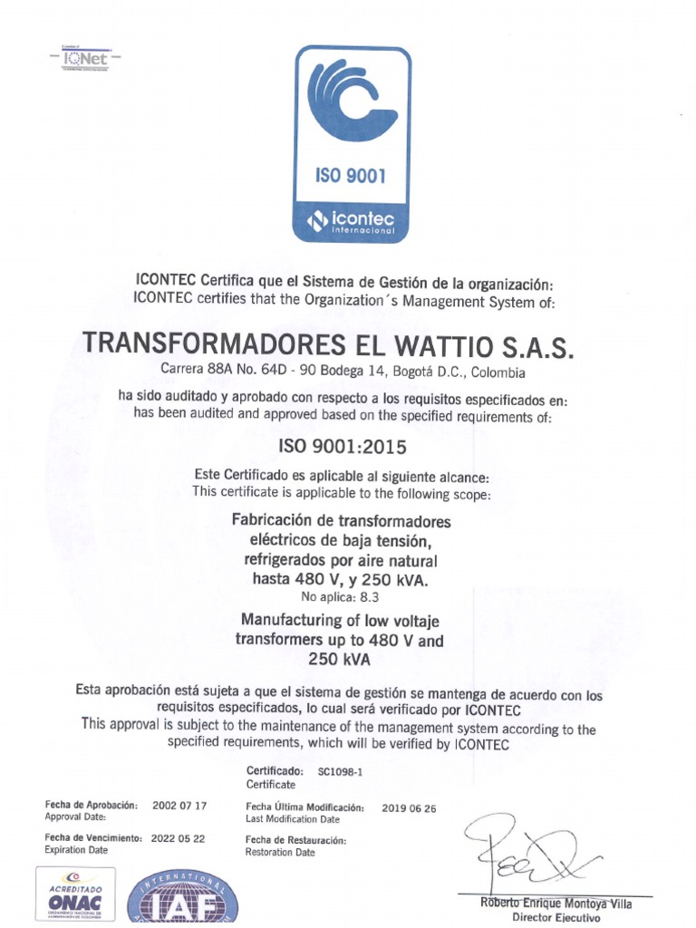 Certificado de conformidad para una variedad de transformadores ...