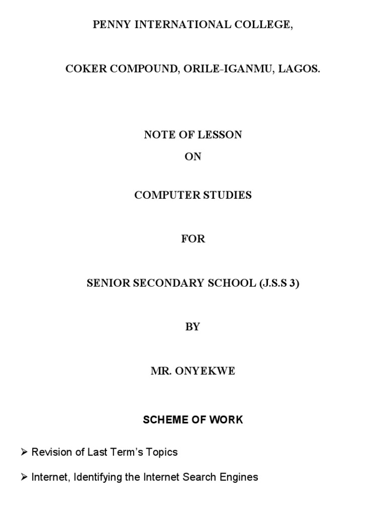 Computer Studies Lesson Plan on Internet Search Engines, Digital Divide ...