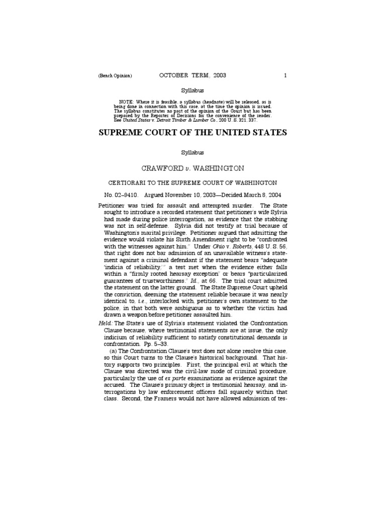 Crawford v. Washington | PDF | Confrontation Clause | United States ...